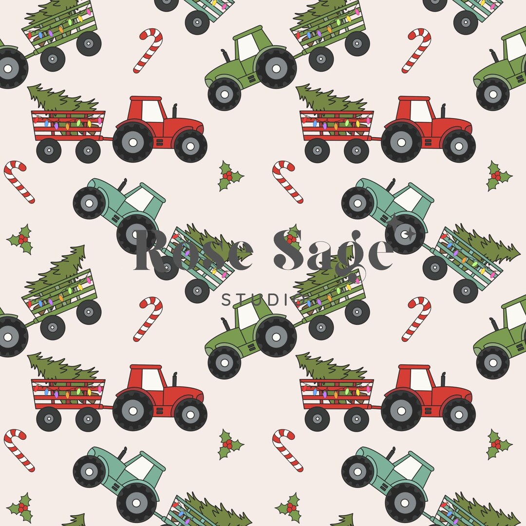 Christmas Tree Tractor Seamless Pattern, Neutral Pattern, Farm Tractors ...