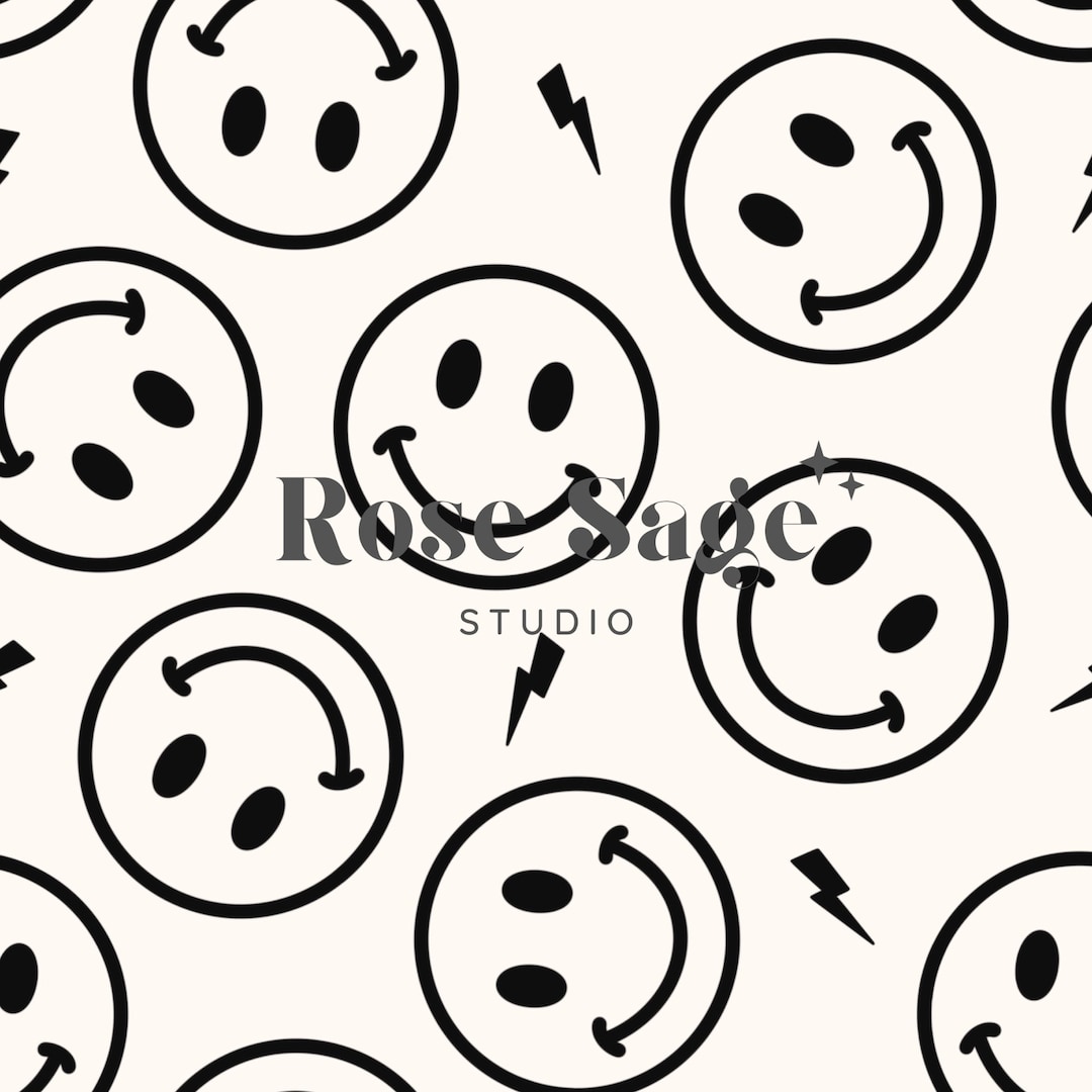 Neutral Smile Face Seamless Pattern, Smiley Face Lightning Bolt ...