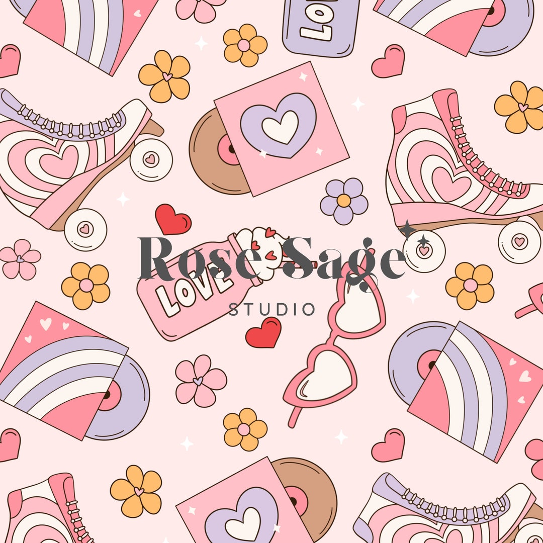 Groovy Valentines Seamless Pattern, Retro Rollerblade Valentines Day ...
