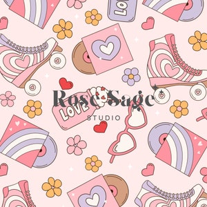 Groovy Valentines Seamless Pattern, Retro Rollerblade Valentines Day ...