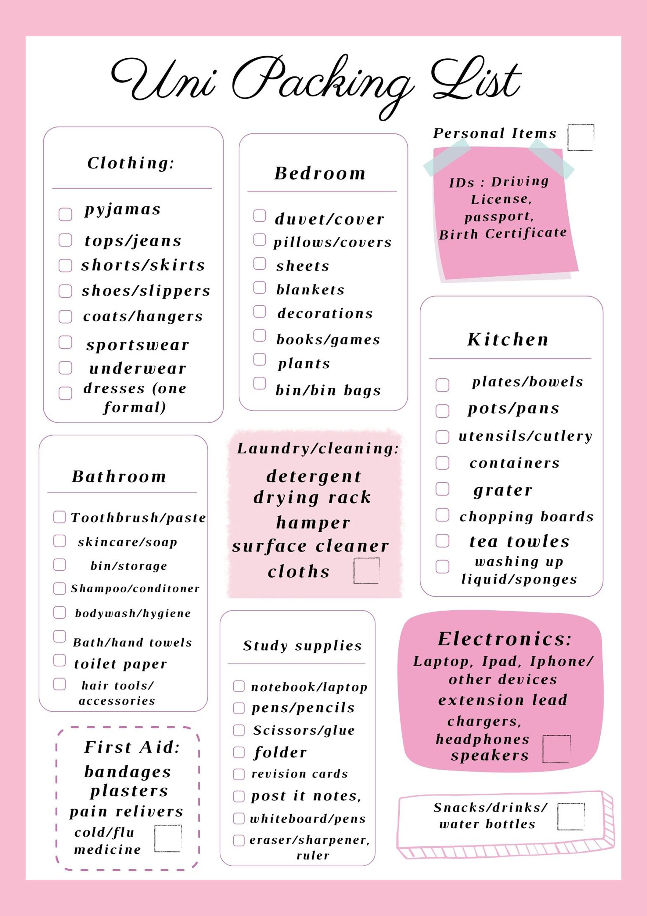 Digital Uni Packing Checklist, Printable Download, Canva Template - Etsy