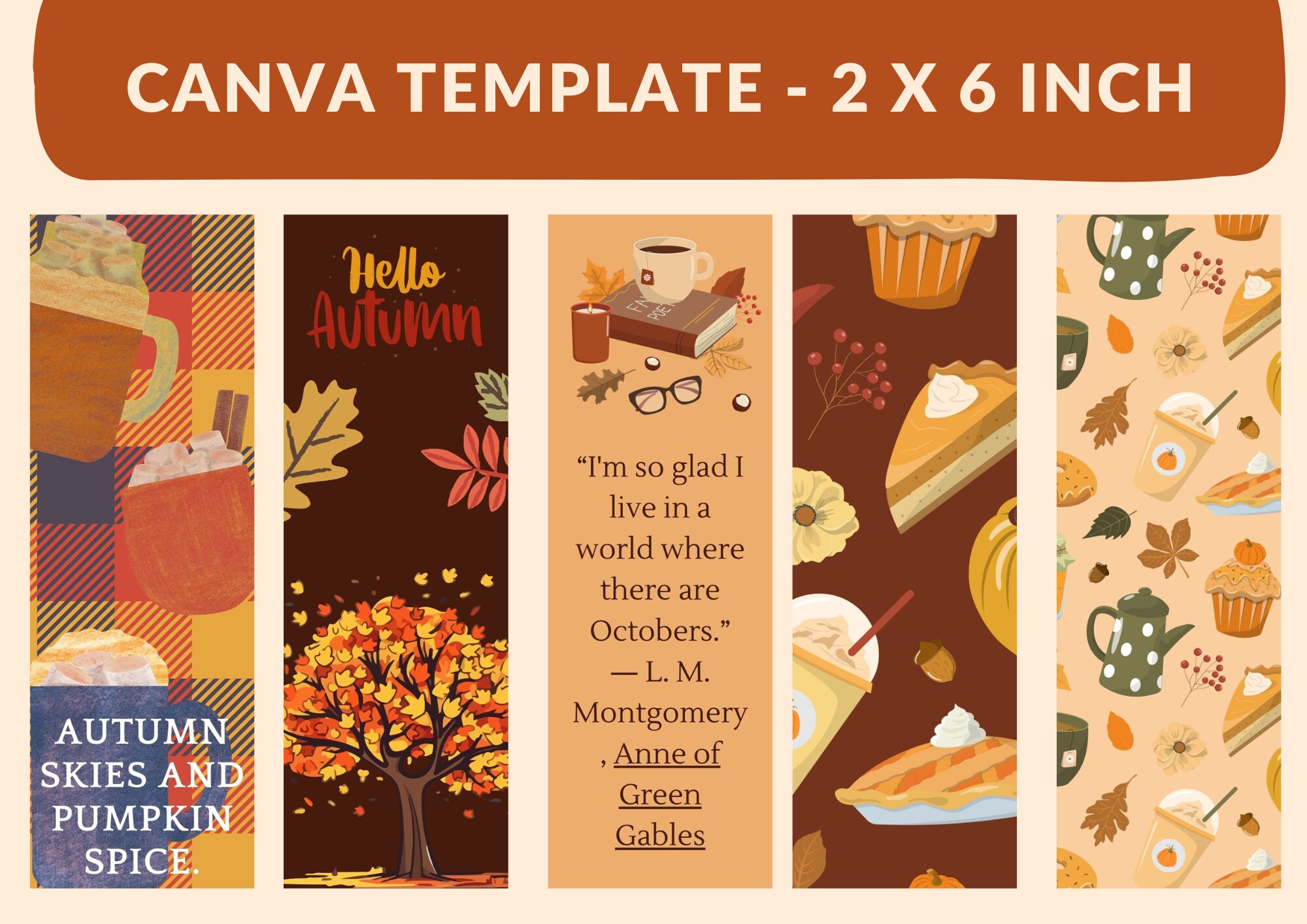 Autumn Bookmark Designs, Printable Canva Template, Fall, Pumpkin Spice ...