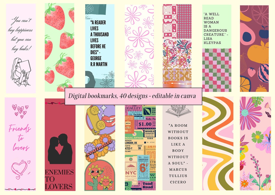 Digital Bookmark Designs, Printable Bookmarks, 40 Designs, Editable on ...