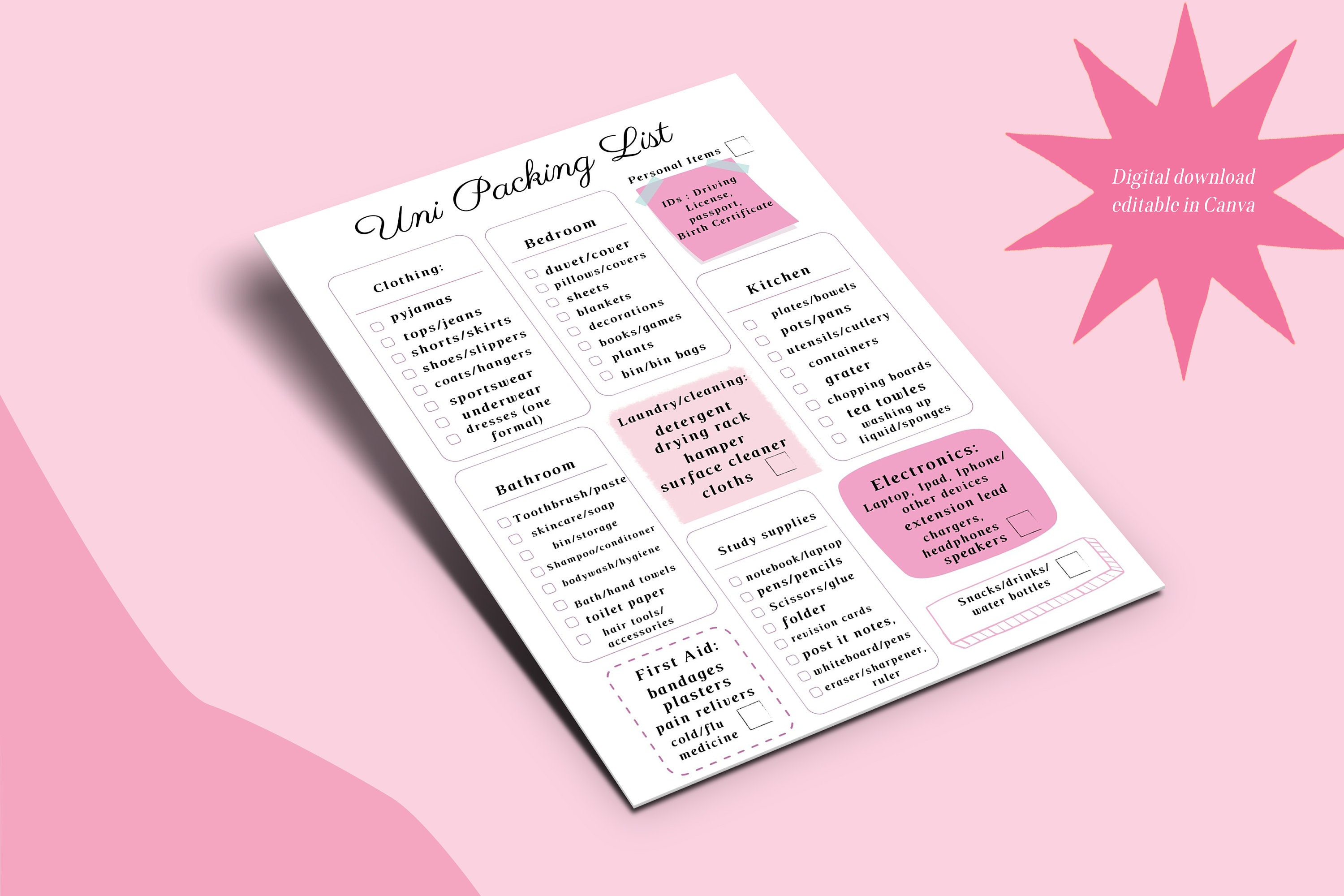 Digital Uni Packing Checklist, Printable Download, Canva Template ...
