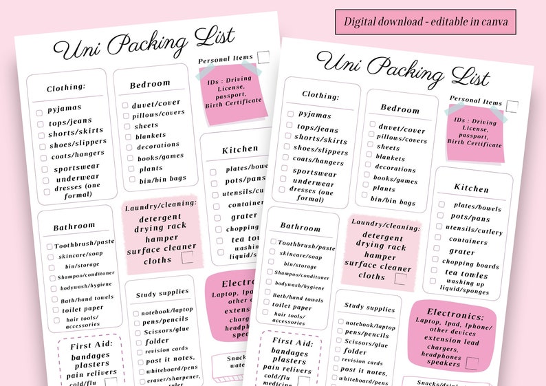 Digital Uni Packing Checklist, Printable Download, Canva Template ...