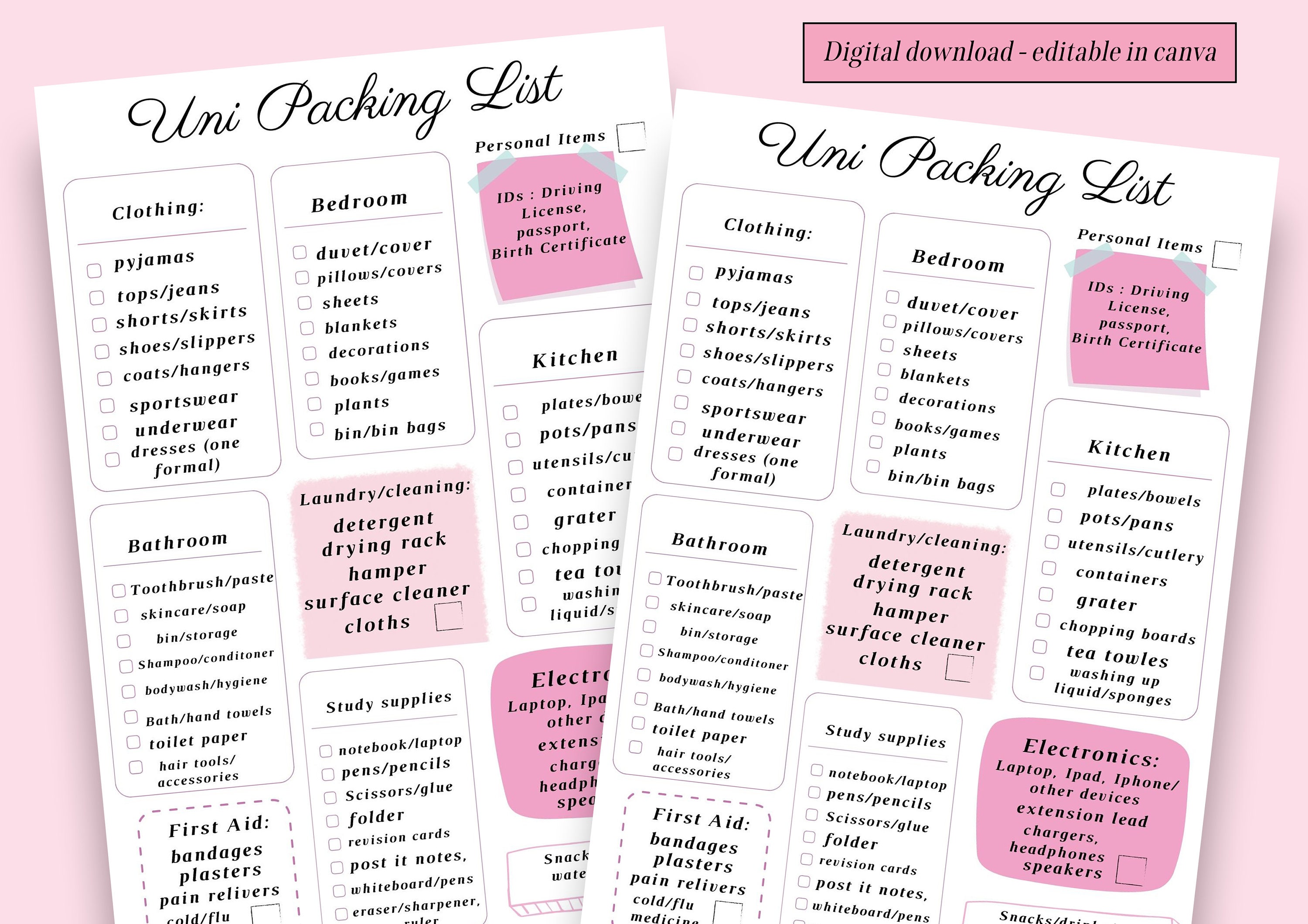 Digital Uni Packing Checklist, Printable Download, Canva Template ...