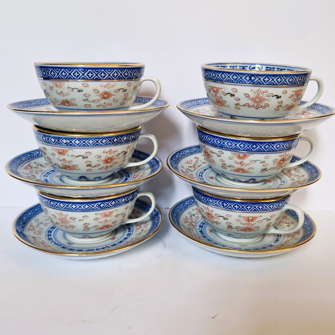 Vintage Chinese Rice Grain Cups Saucers Set for 6 Person, Floral Flower ...