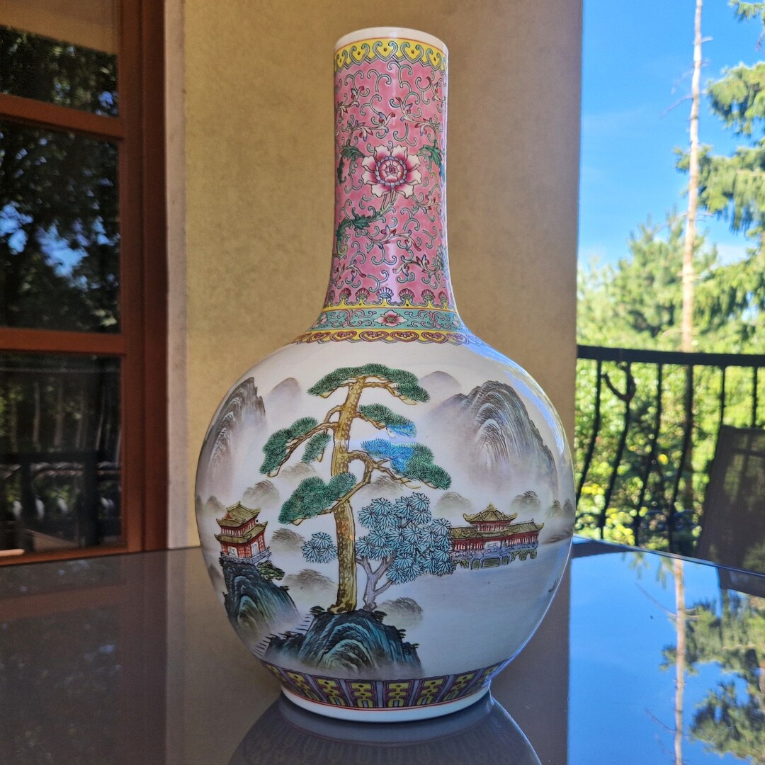 Large Chinese Porcelain Bottle Vase: Hand-painted Landscape, Famille ...