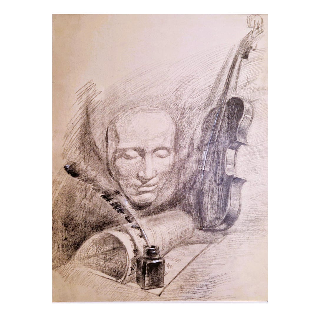 ORIGINAL VINTAGE DRAWING Pencil Painting Home Wall Art, Charcoal ...