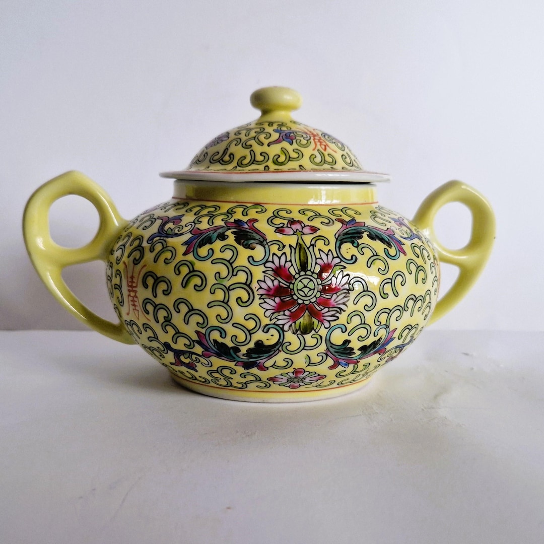 Vintage Chinese Sugar Bowl, Mun Shou Yellow Porcelain Jingdezhen ...