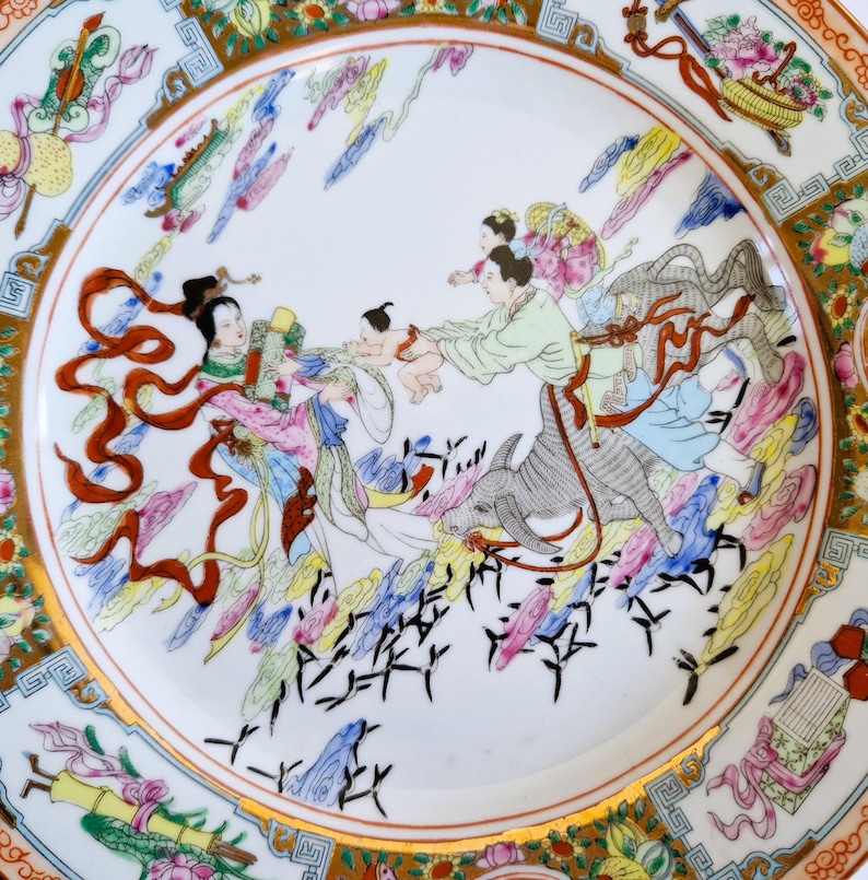 Vintage Famille Rose Plate: Chinese Weaver Girl Folk Tale, Gold Trim ...