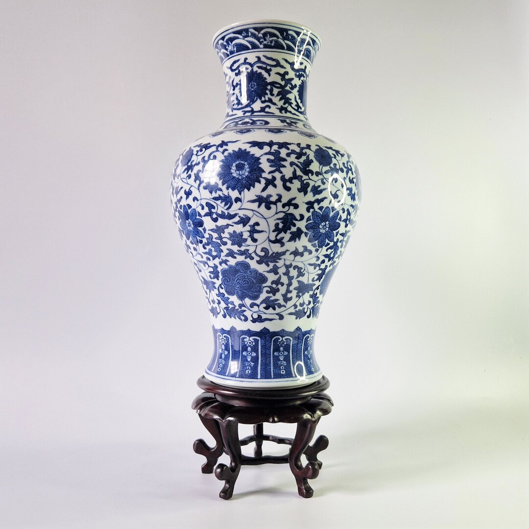 Large Chinese Vase, Blue and White Stoneware, Porcelain Vase, 15 Inch ...