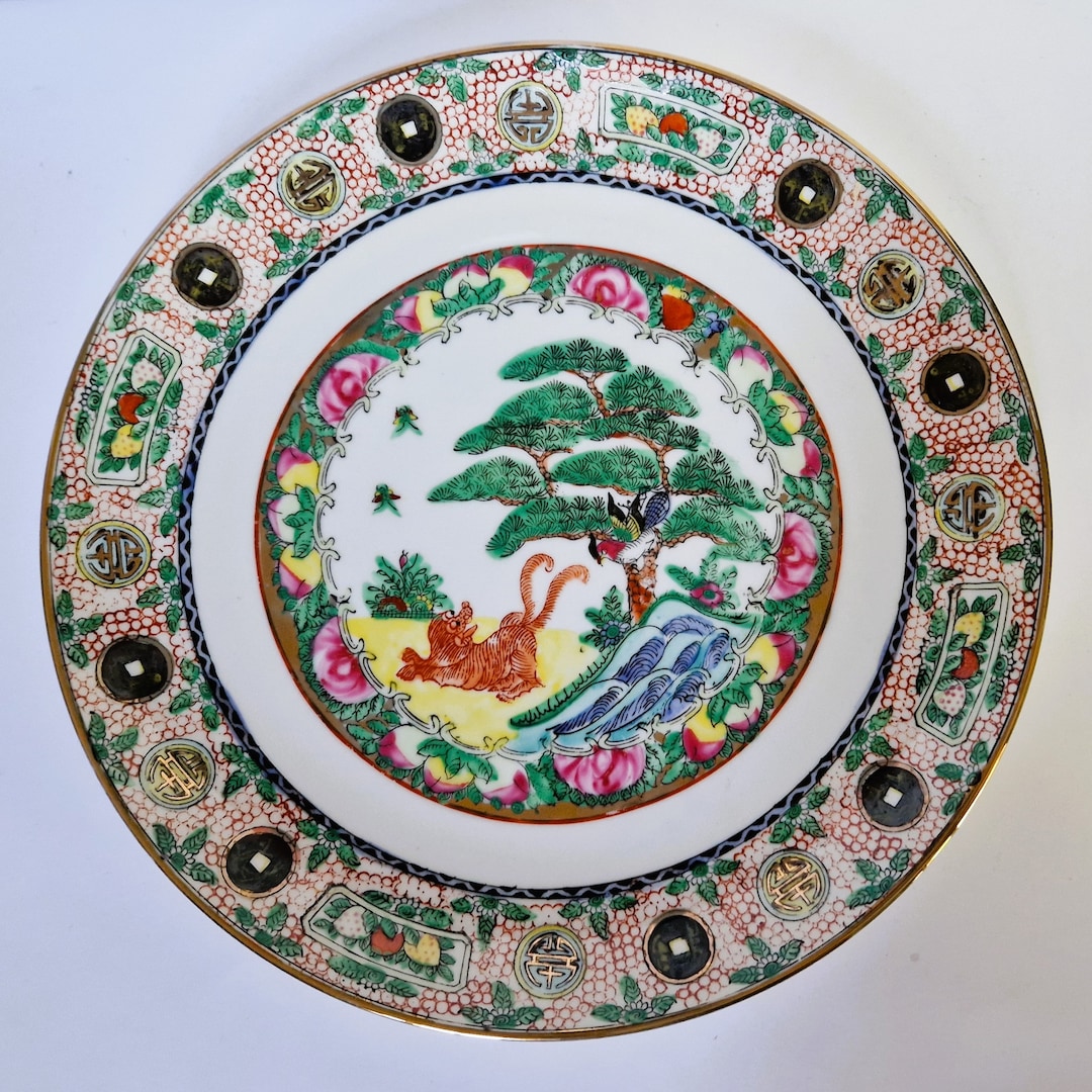 Chinese Rose Medallion Plate Foo Dog & Bird Flowers Coins Art, 12 ...