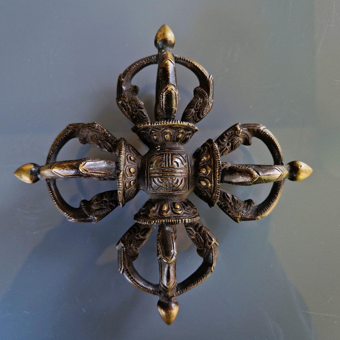 Large Antique Tibetan Vajra Dorje, Asian Bronze Double Vajra, Himalayan ...