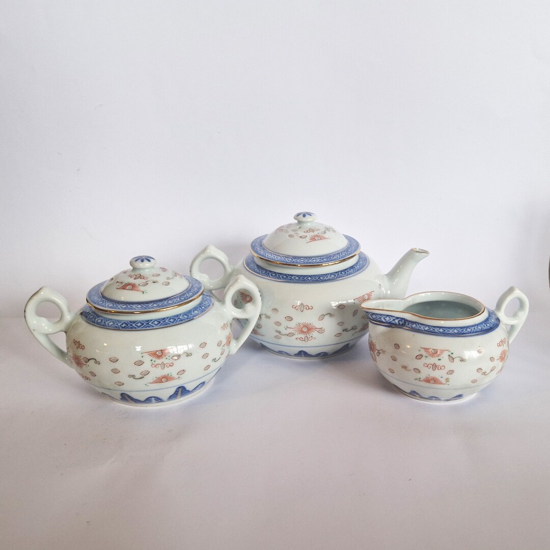 Vintage Chinese Rice Grain Tea Set of 3, Floral Flower Peony Chinese ...