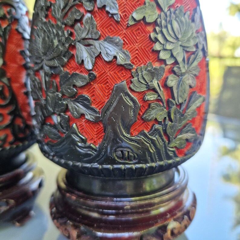 Vintage Chinese Cinnabar Lacquer Vases Pair, Hand Carved Floral Ginger ...