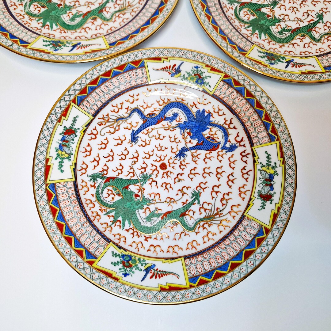 Vintage Chinoiserie Dragon Porcelain Plates - Set of 3 - Etsy