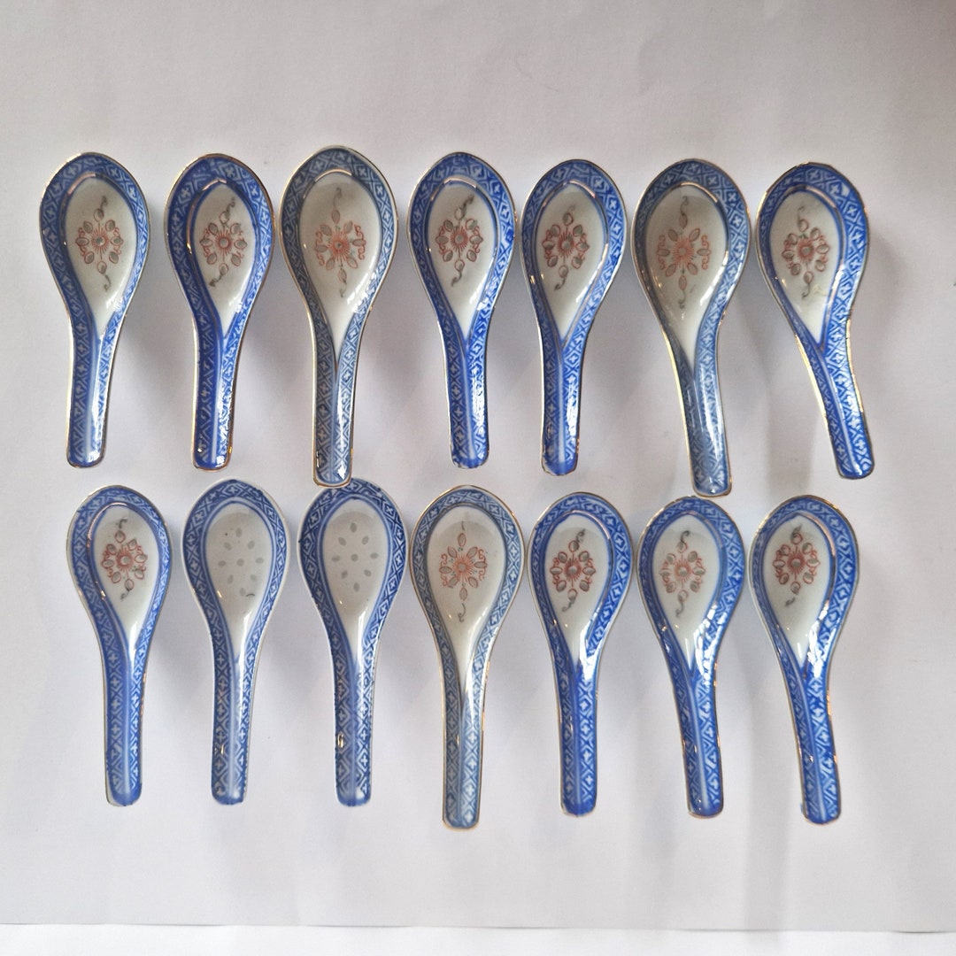 Vintage Chinese Rice Grain Spoons, Floral Flower Peony Chinese Blue ...