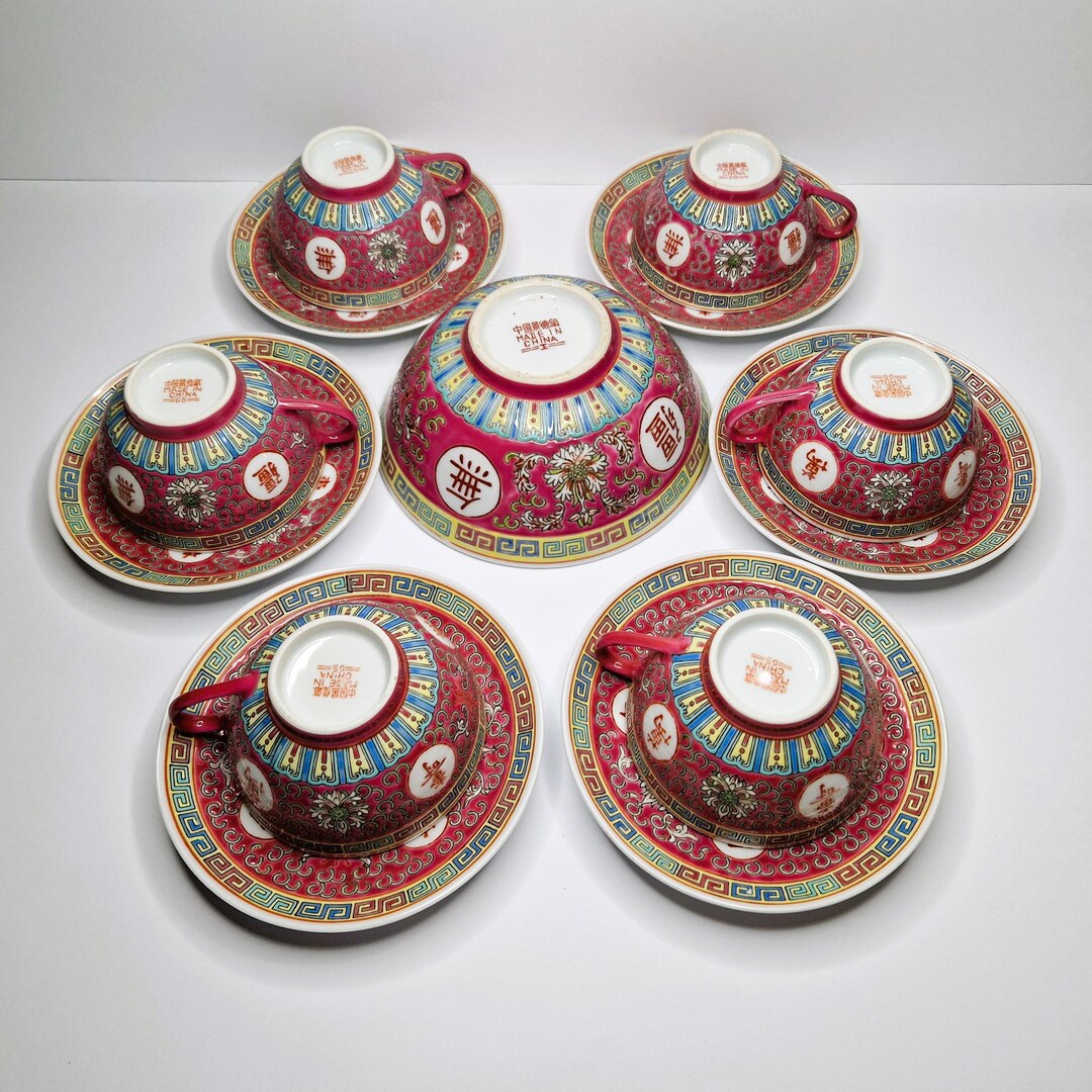 Vintage Chinese Red Mun Shou Tea Set, Chinese Porcelain for 6 Person ...