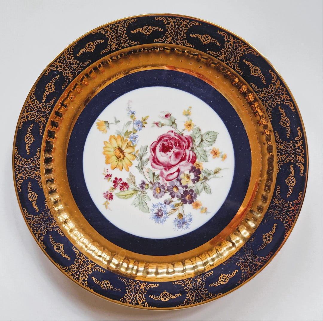 2x Cobalt Blue Porcelain Plates, Vintage Blue and Gold Floral Decor ...