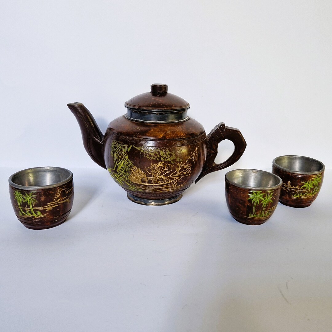 COCONUT Chinese Antique Tea Set, Pewter Carved Coconut Shell, Qing ...
