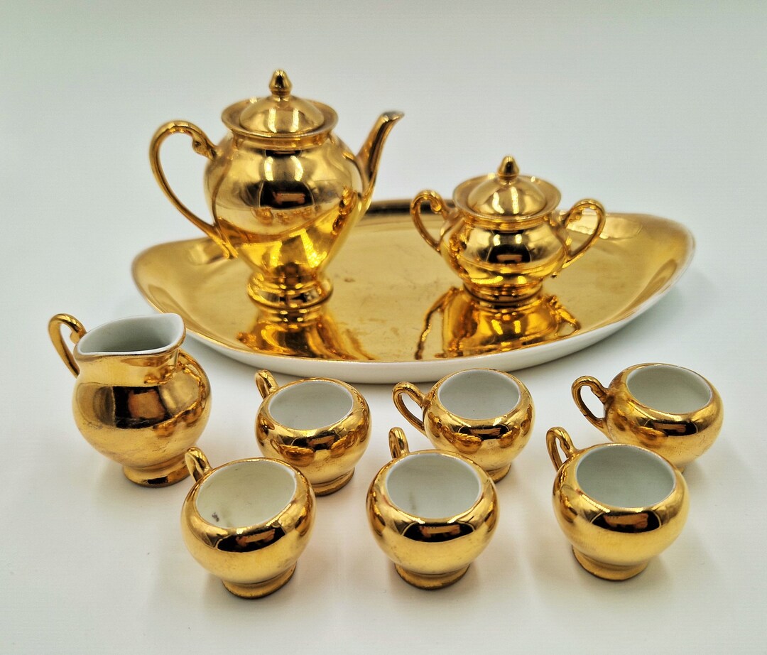 Vintage Mini Tea Set, Golden Set of 6 Coffee Cups, Doll Tea Set ...