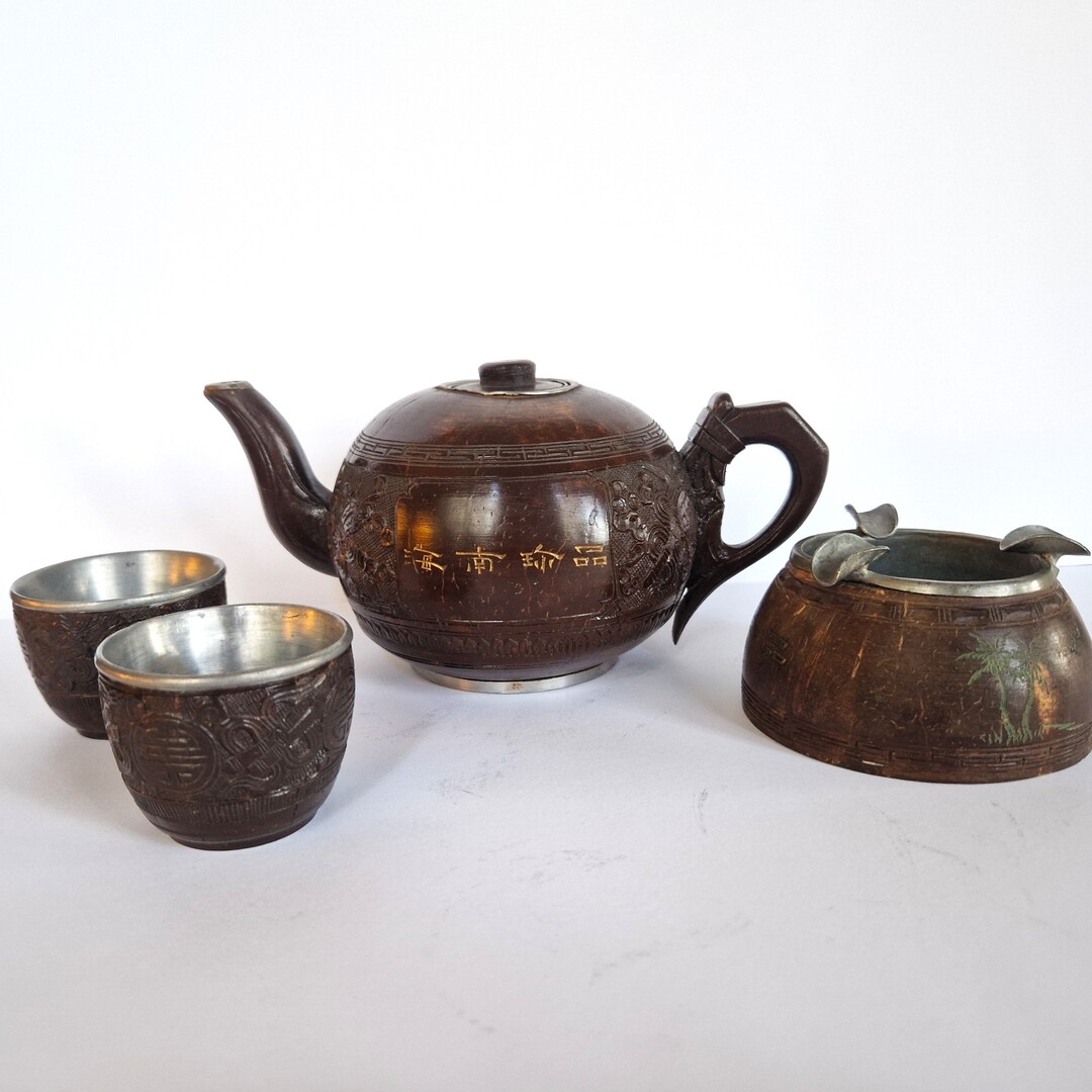 Tea Set of Antique Chinese Pewter and Carved Coconut Shell Teapot ...