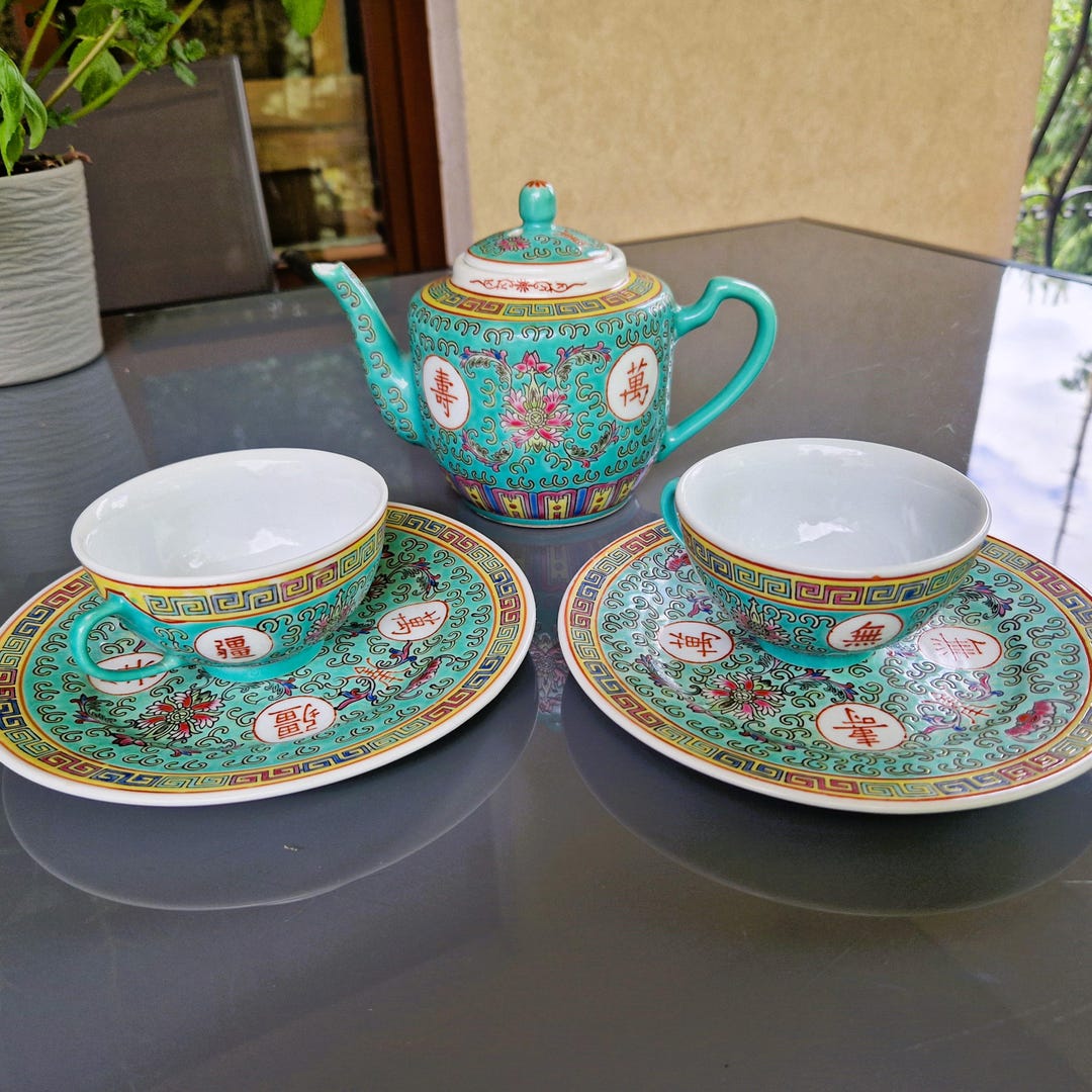 Vintage Turquoise Mun Shou Tea Set: Jingdezhen Chinoiserie Art ...