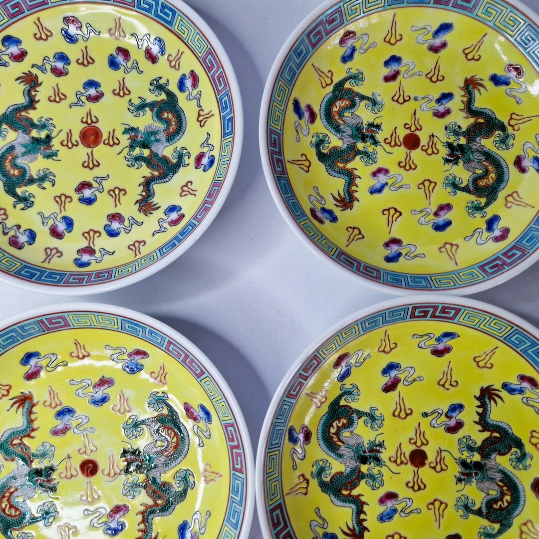 Vintage Chinoiserie Dragon 9x Chinese Porcelain Plates Bowls Yellow ...