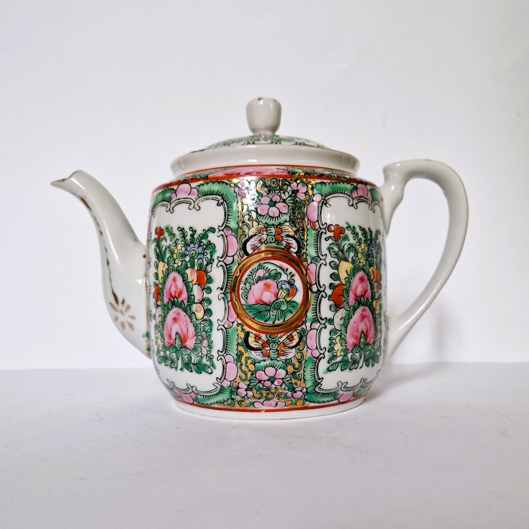 Vintage Chinese Rose Medallion Teapot Canton Pink and Gold Decorated ...