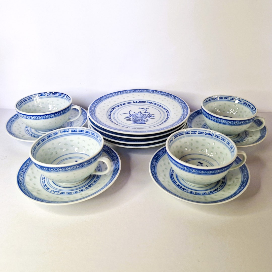 Vintage Chinese Rice Grain Tea Set: Floral Peony Porcelain, 4 Person - Etsy
