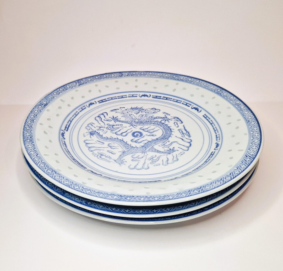 Vintage Jingdezhen Dragon Dinner Plates: Chinese Rice Grain Porcelain ...