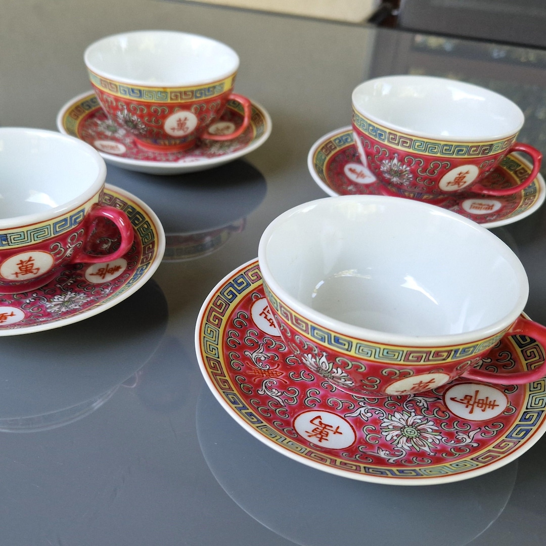 Vintage Red Mun Shou Tea Set: Chinese Porcelain Jingdezhen, 4 Cups ...