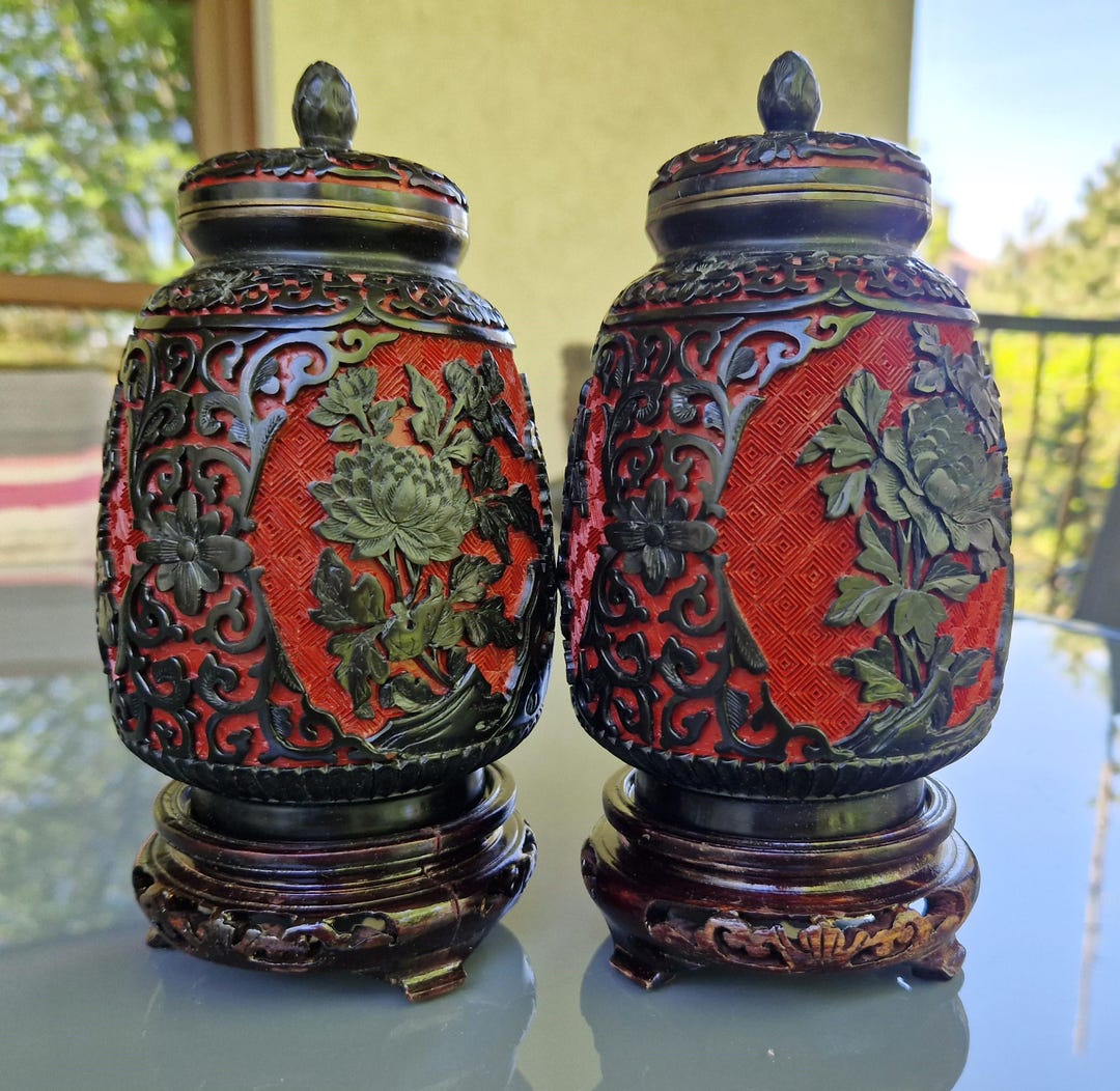 Vintage Chinese Cinnabar Lacquer Vases Pair, Hand Carved Floral Ginger ...