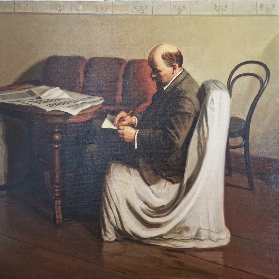 Soviet Propaganda Wall Art Portrait of Reading Lenin, USSR Oil Painting ...