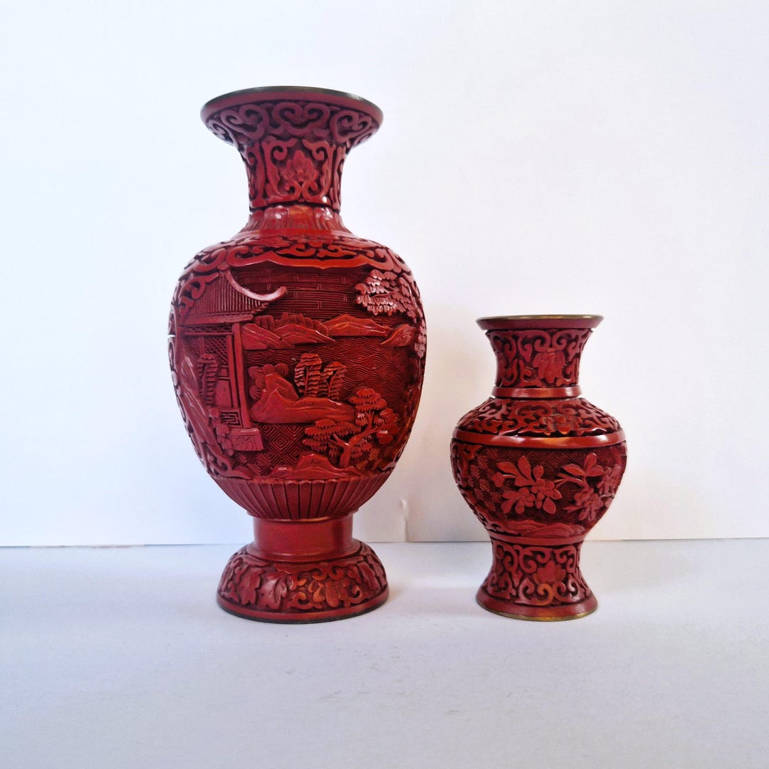 2x Chinese Antique Vases, Red Cinnabar Vases, Set of 2 Vintage Carved ...