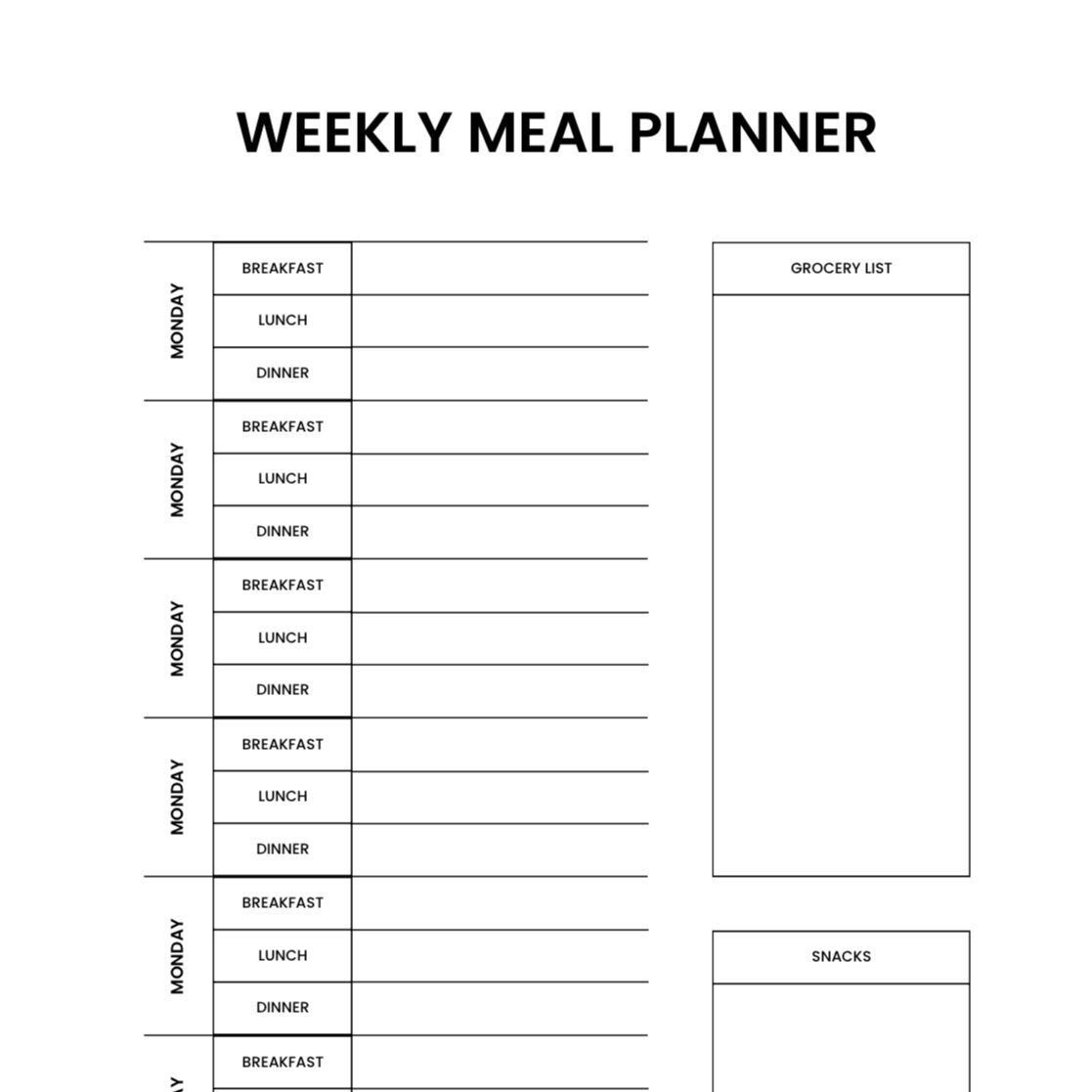Basic Black & White Weekly Meal Planner - Etsy