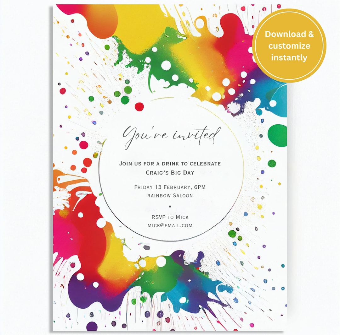 Editable Rainbow Splash Invitation for Cocktail Parties, Birthdays ...