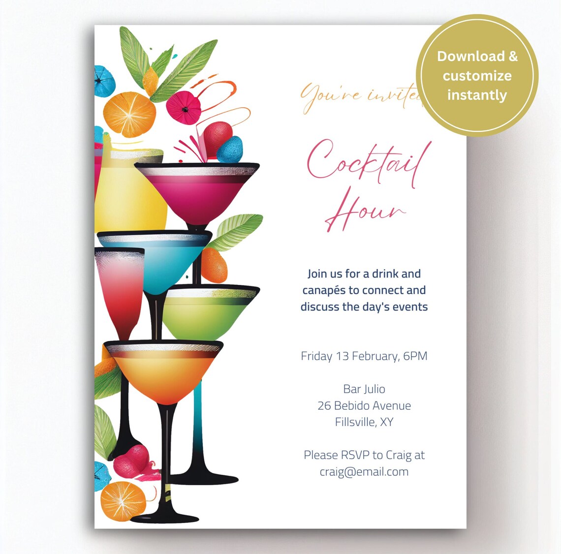 Editable Colourful Cocktail Hour Invitation for Cocktail Parties ...