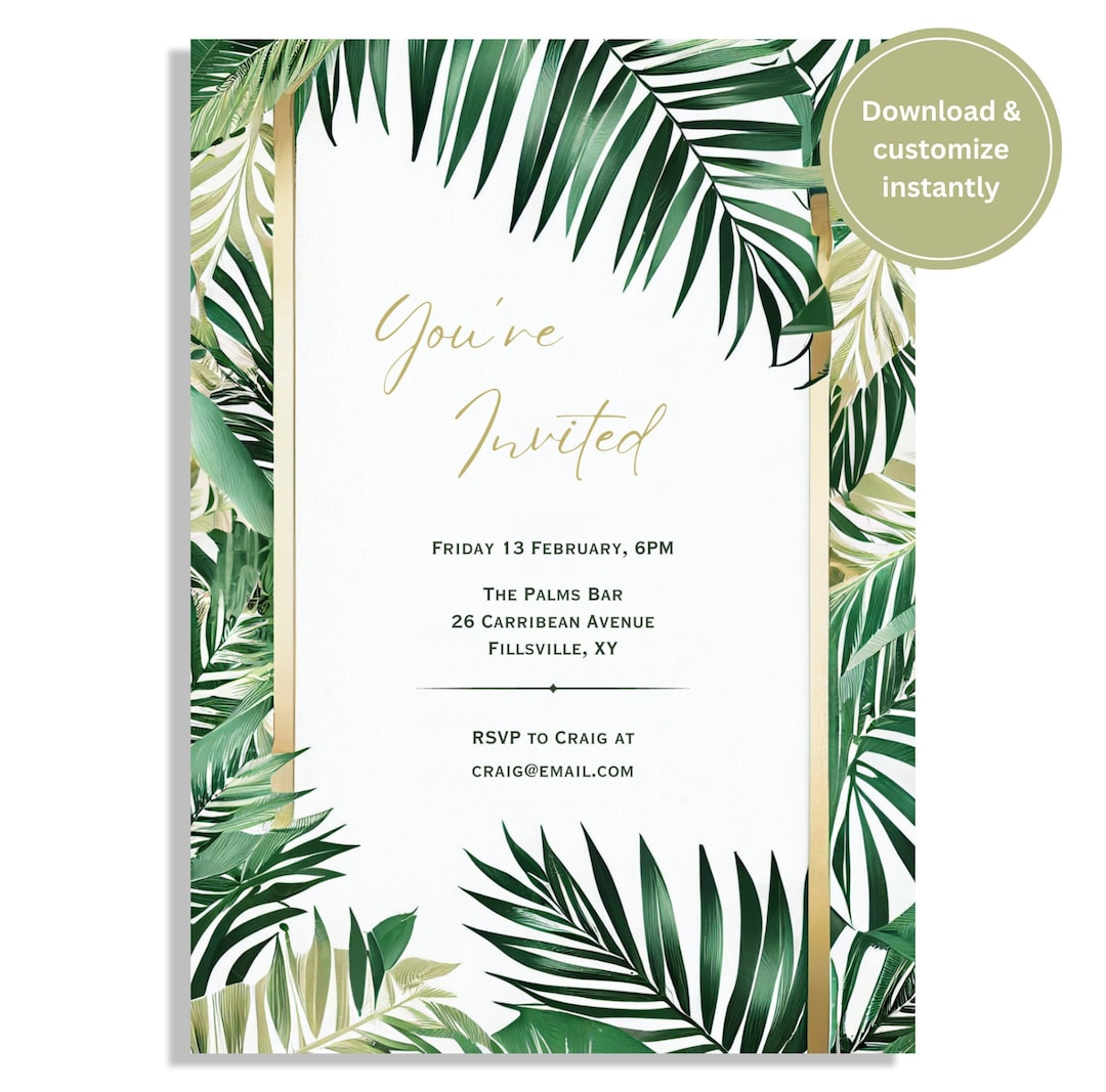 Editable Palm Tree Themed Invitation for Cocktail Parties, Birthdays ...