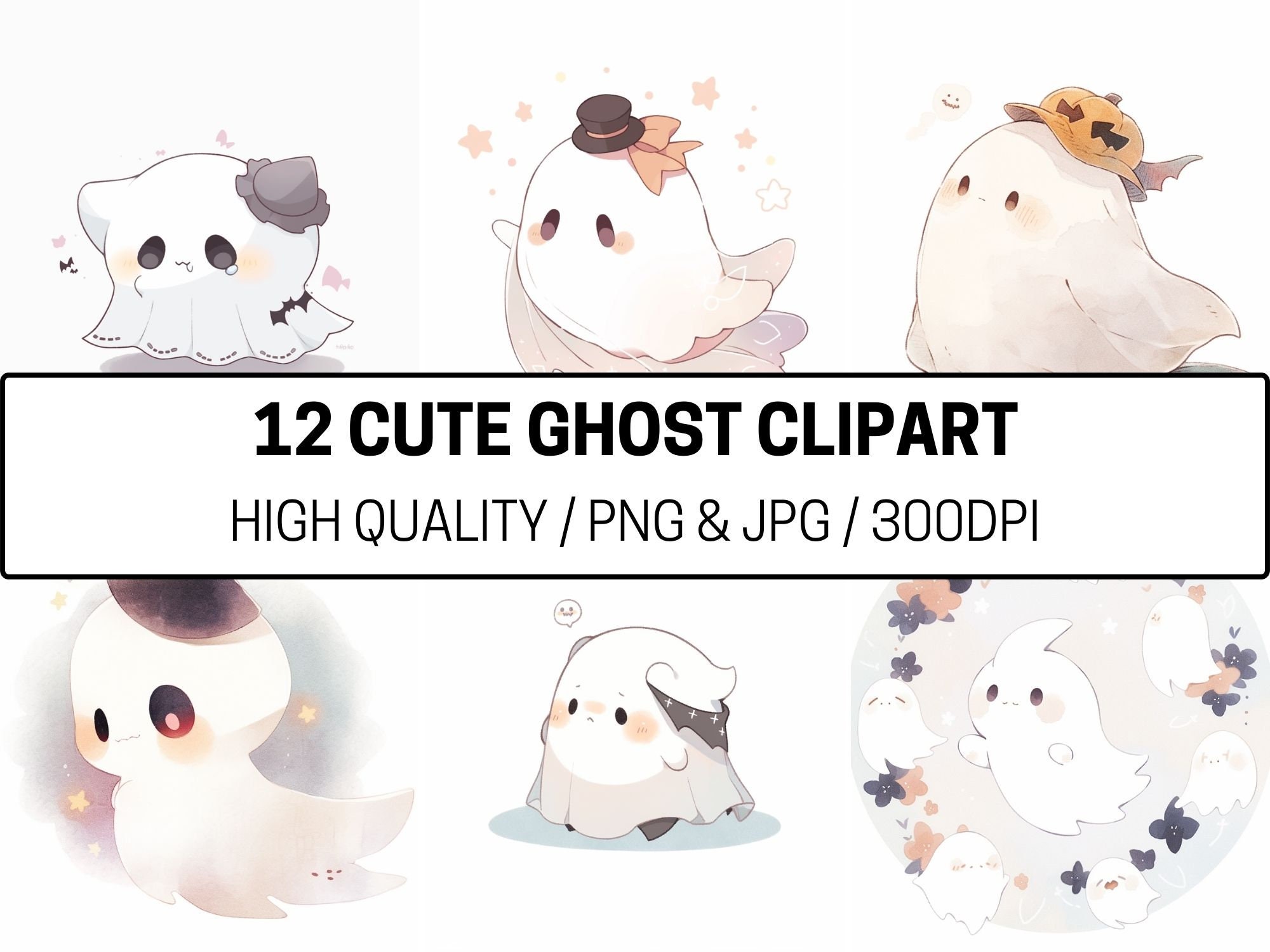 12 Cute Ghost Clipart Images, Commercial Use PNG JPG 300DPI, Digital ...