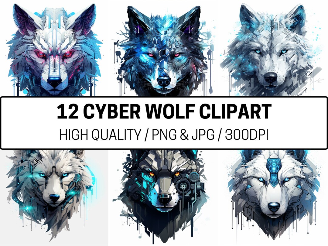 12 Cyber Wolf Clipart Images, Commercial Use PNG JPG 300DPI, Digital ...