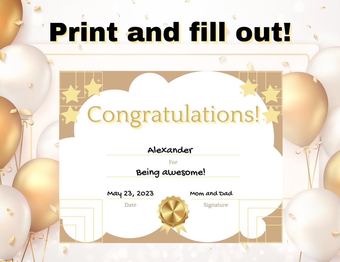 Printable Award Template, Gold Printable Certificate for Kids, Teacher ...