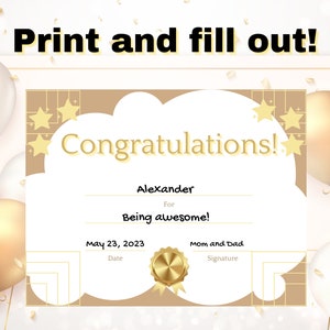 Printable Award Template, Gold Printable Certificate for Kids, Teacher ...