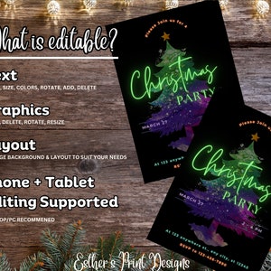 Editable Neon Christmas Party Invitation, Canva Template, Neon Holiday ...