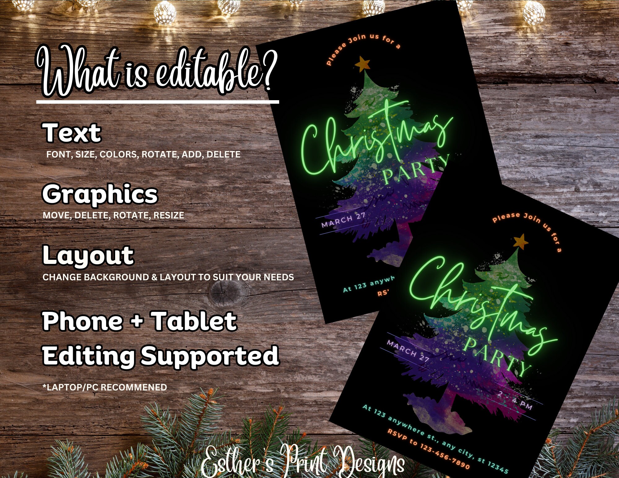 Editable Neon Christmas Party Invitation, Canva Template, Neon Holiday ...
