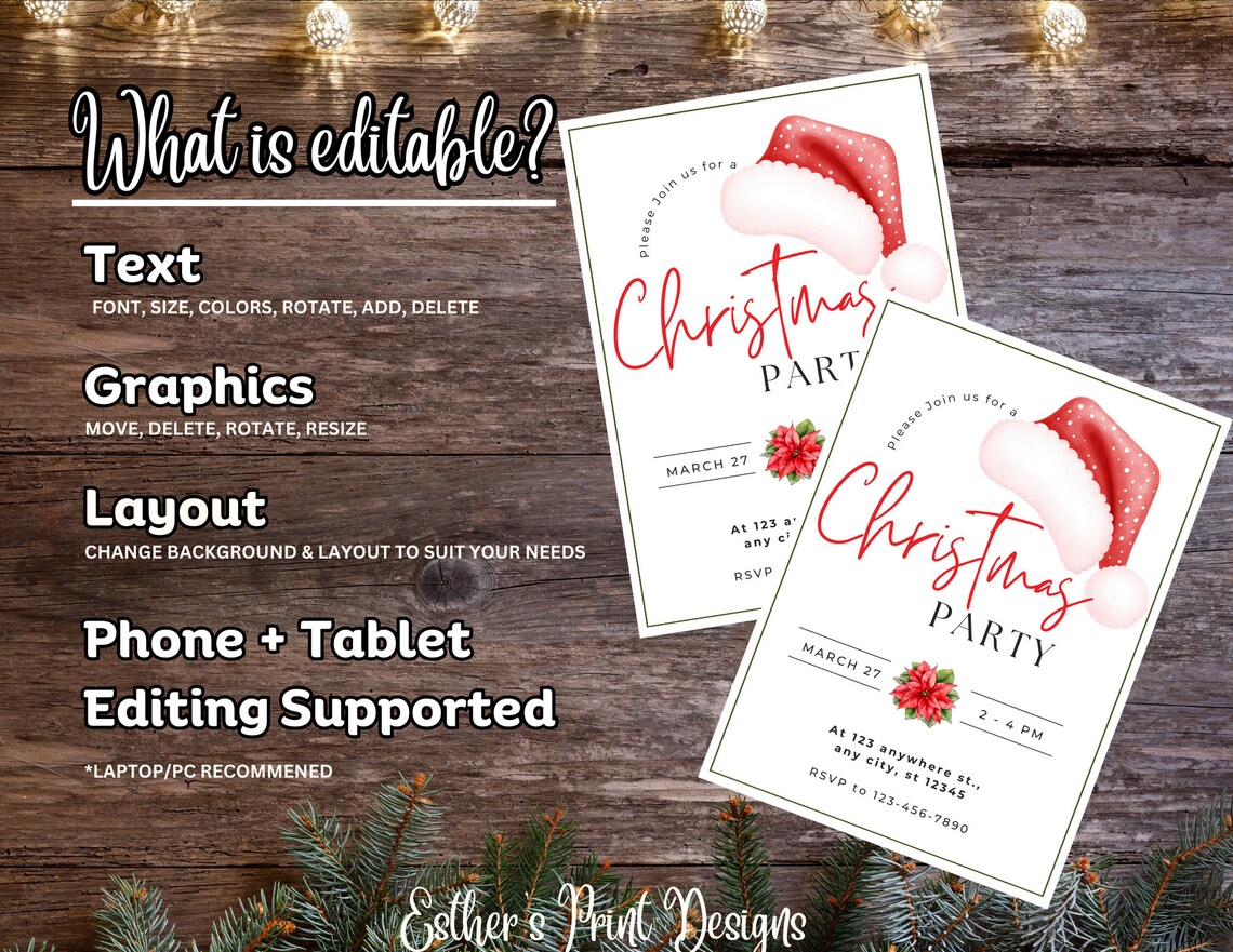 Editable Christmas Party Invitation, Editable Christmas Party Canva ...