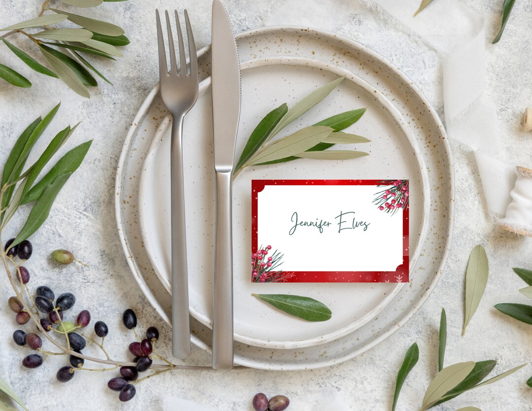 Christmas Dinner Place Card Template, Editable Canva Christmas Place ...