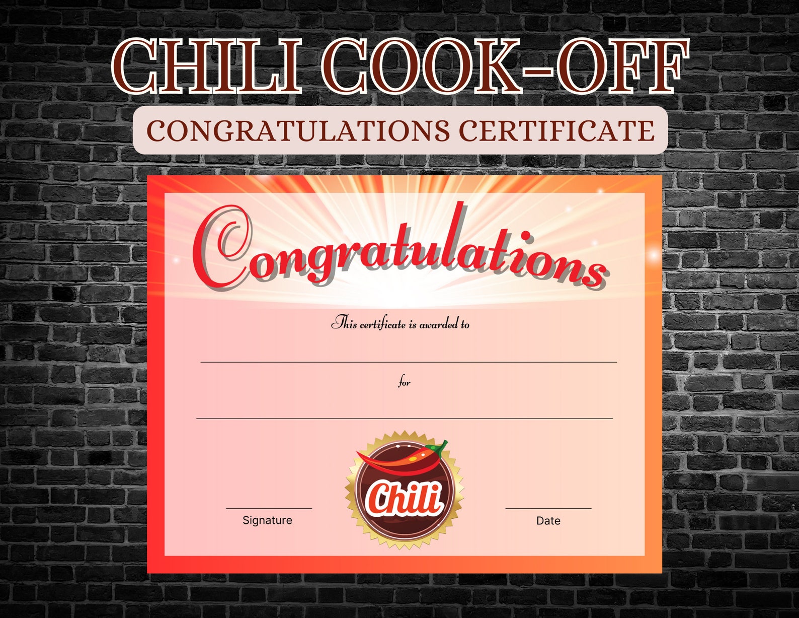 Printable Best Chili Cook-off Certificate Award, Winner of Games, Chili ...