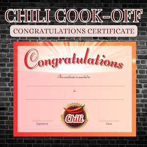 Printable Best Chili Cook-off Certificate Award, Winner of Games, Chili ...